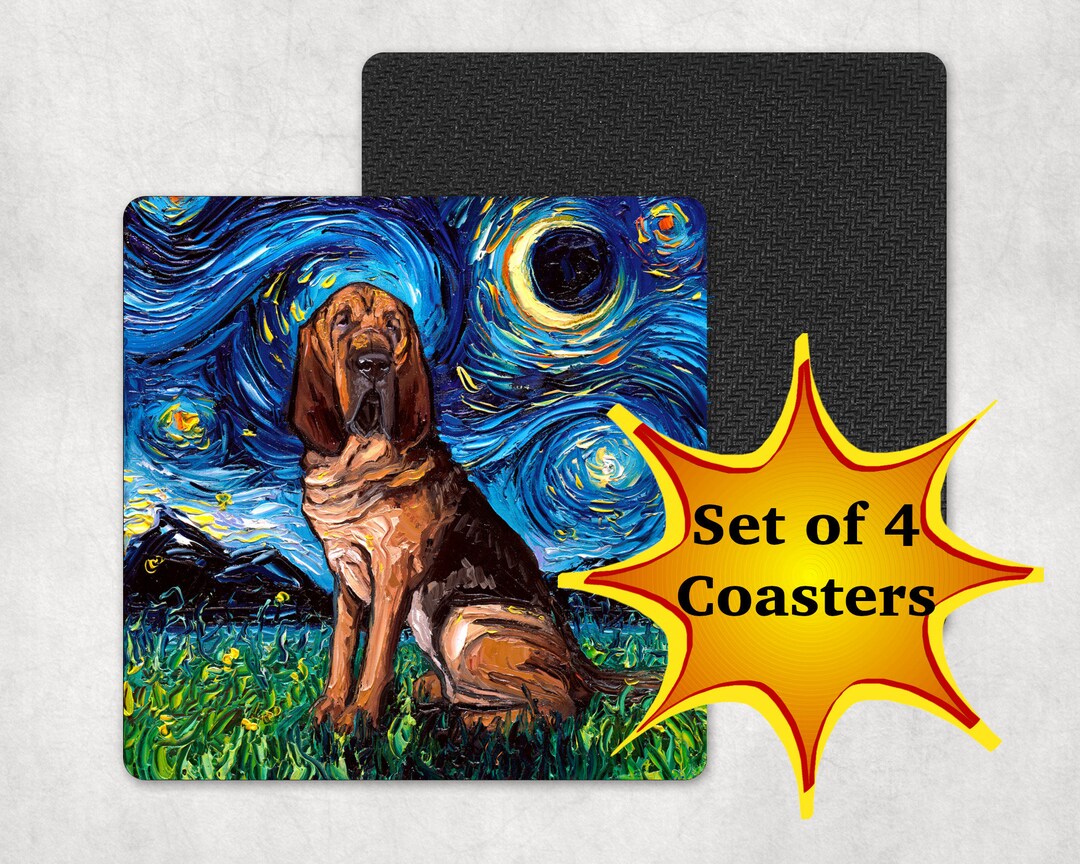 Coasters Set of 4 Square Bloodhound Starry Night Dog 4x4 inch antiskid ...
