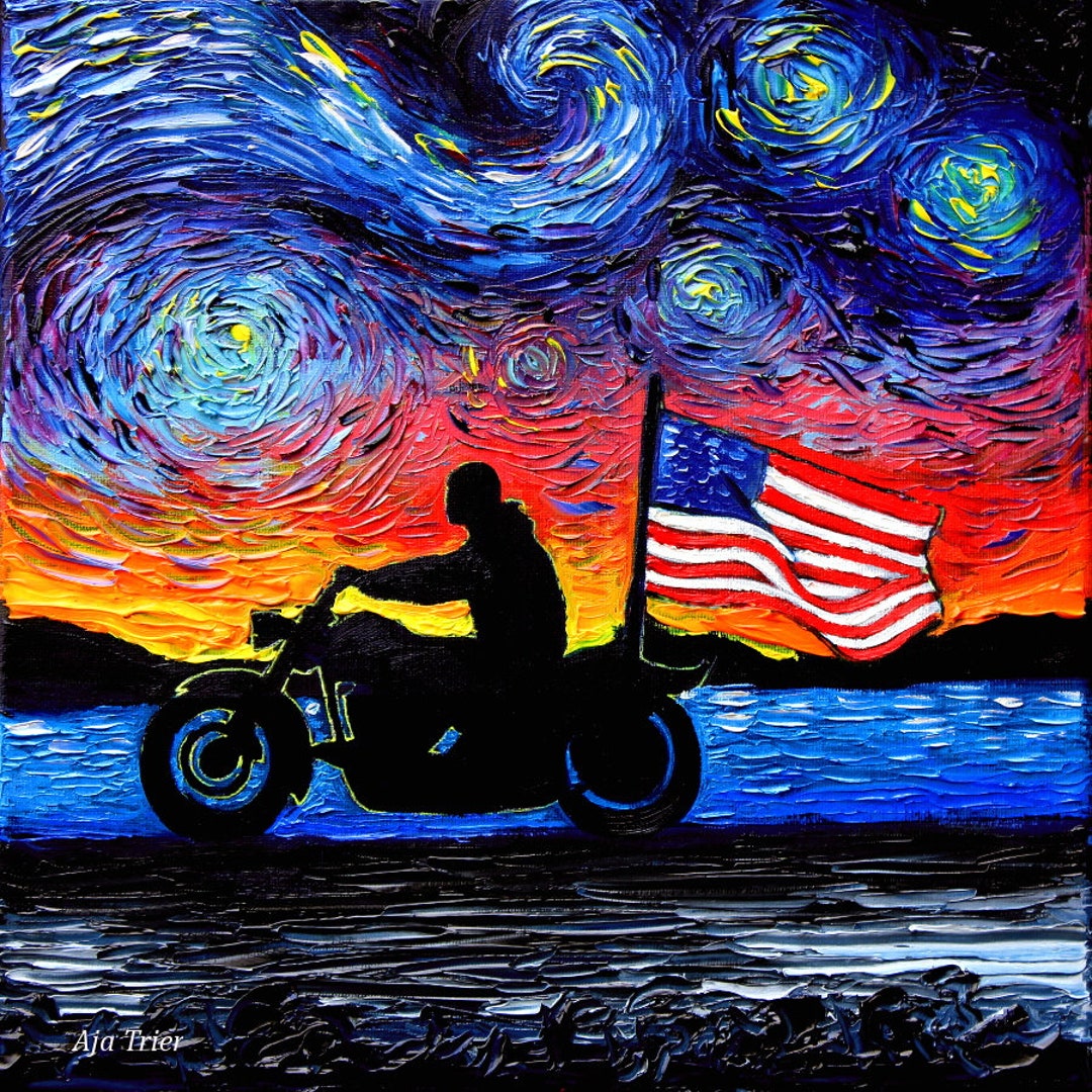 Motorcycle Art Print Starry Night Patriotic American Flag Artwork Easy ...