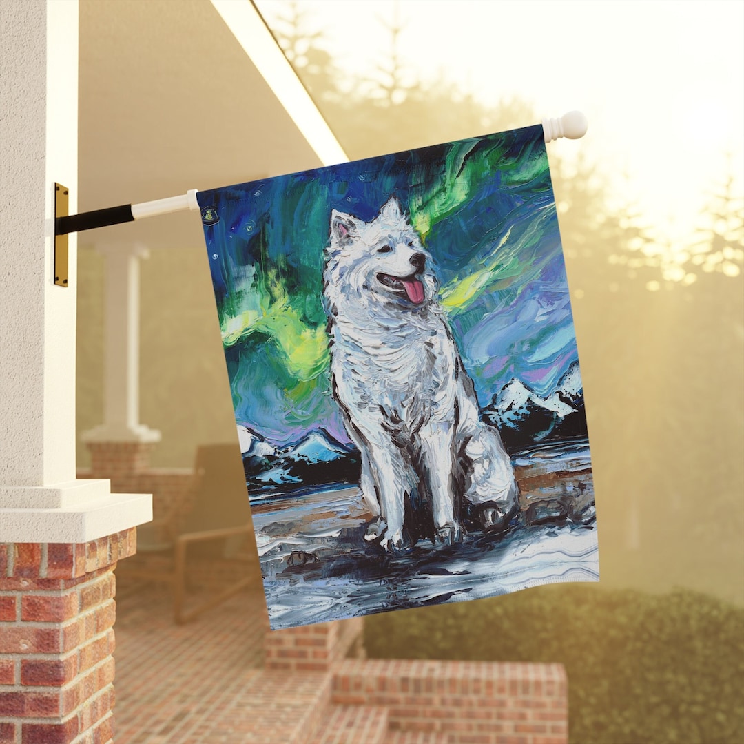 Yard and House Flags Samoyed Northern Lights Aurora Double Sided ...