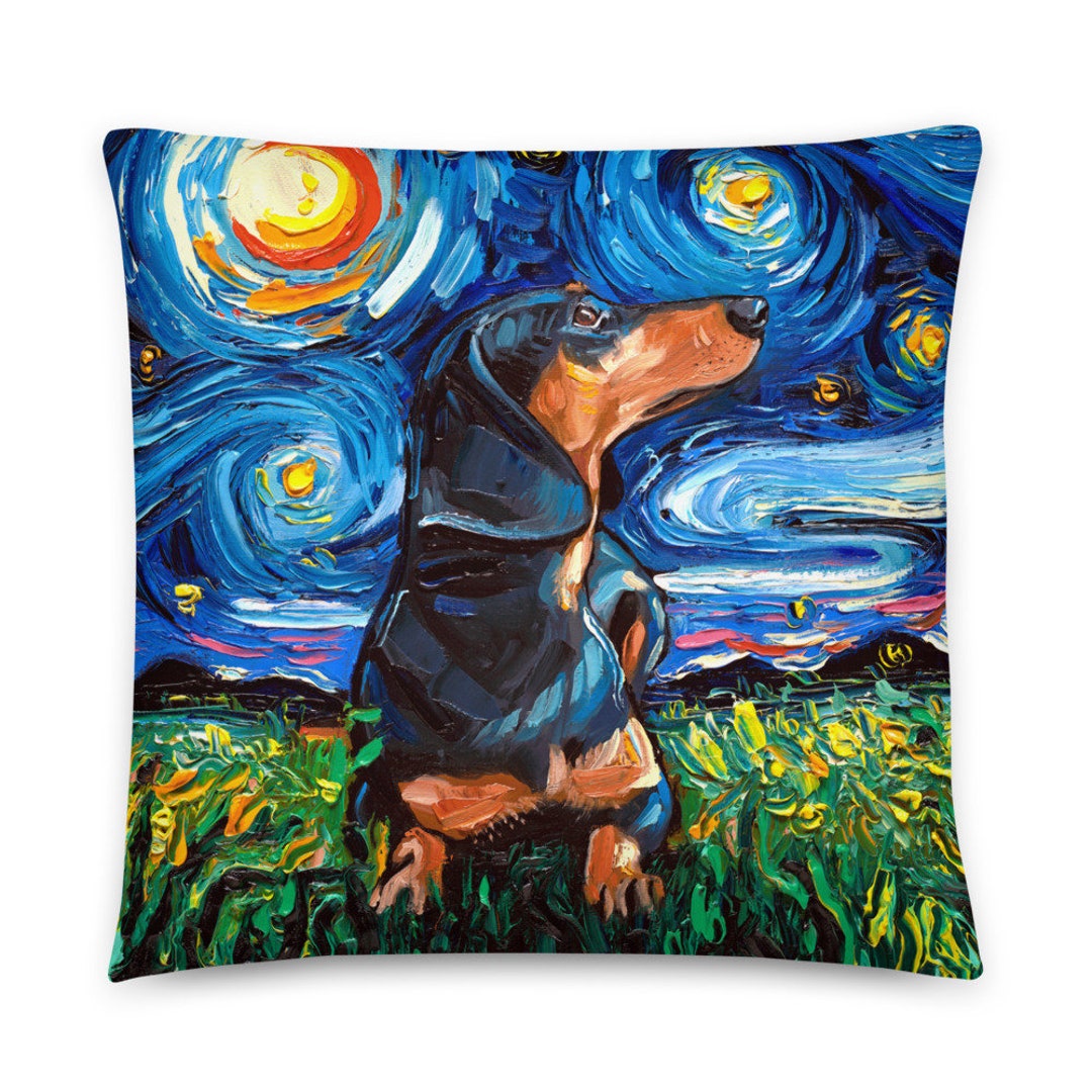Basic Throw Pillow Black and Tan Short Hair Dachshund Dog Starry Night Art by Aja 16x16 or 20x20 ...
