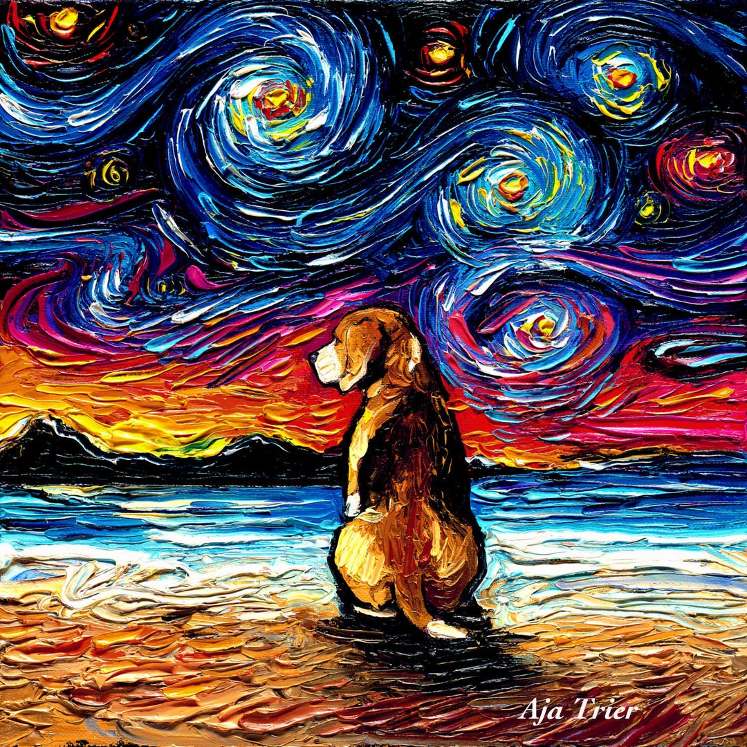 Beagle on Beach Starry Night Art CANVAS Print Ready to Hang Wall Decor ...