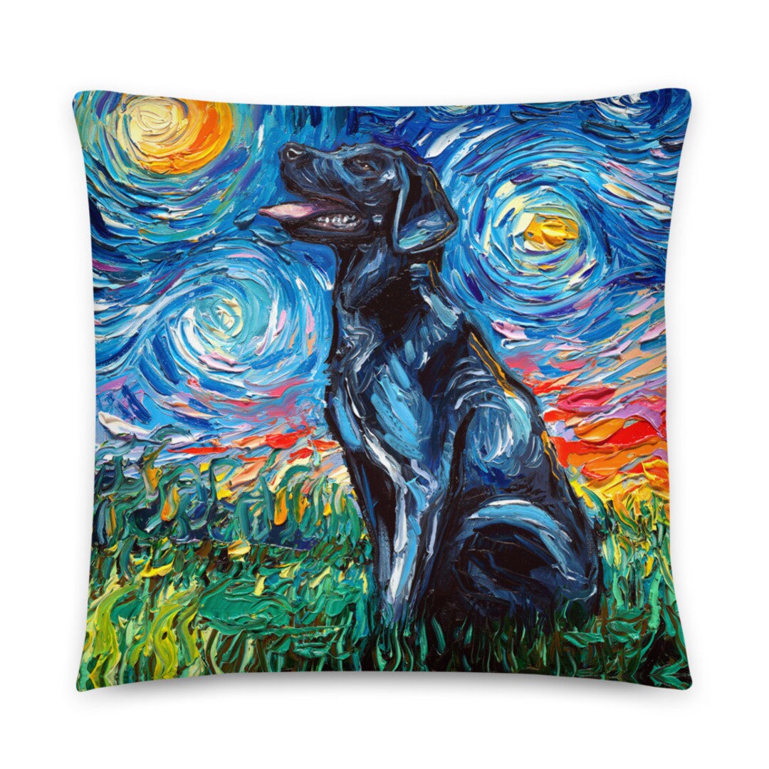 Basic Throw Pillow Black Labrador Starry Night Dog Art by Aja 16x16 or 20x20 Inches Stuffed ...