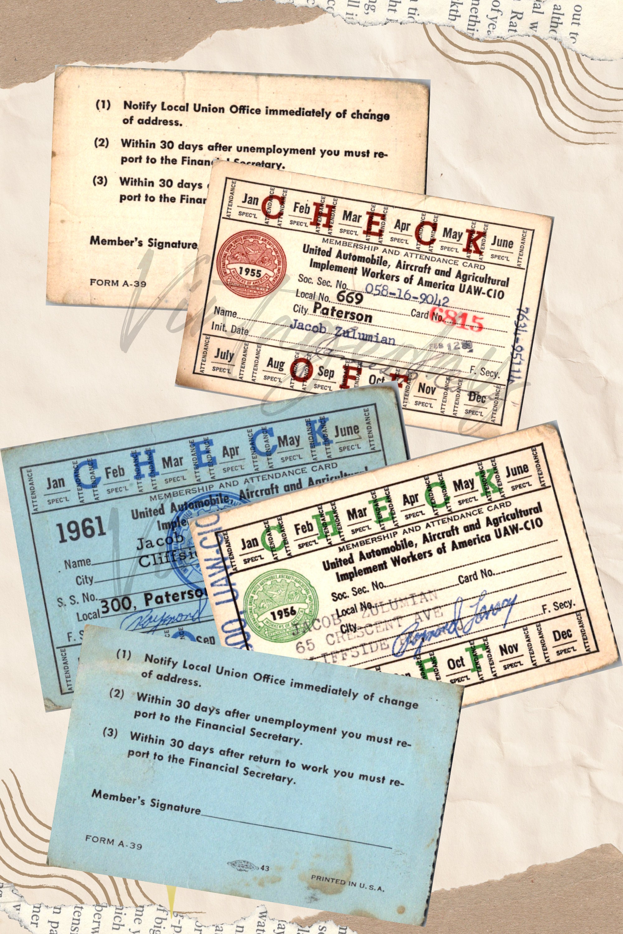 8 Vintage Union Cards 1954-1961 UAW Jewelry Union Membership Attendance ...