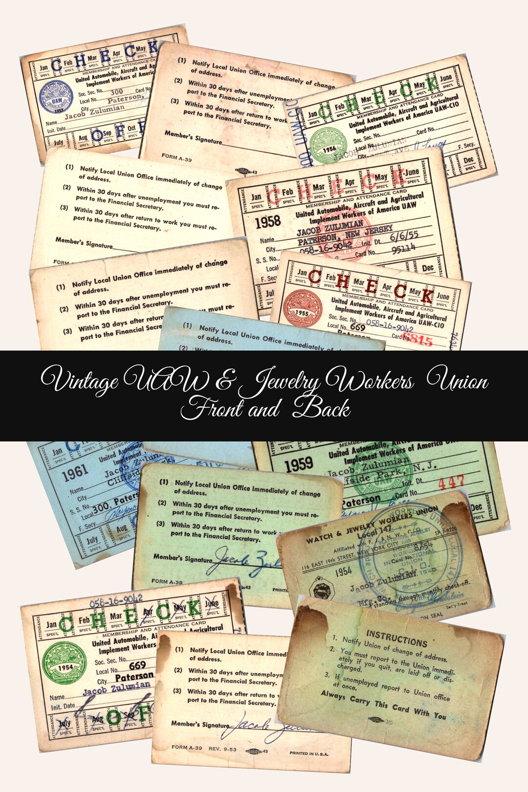 8 Vintage Union Cards 1954-1961 UAW Jewelry Union Membership Attendance ...