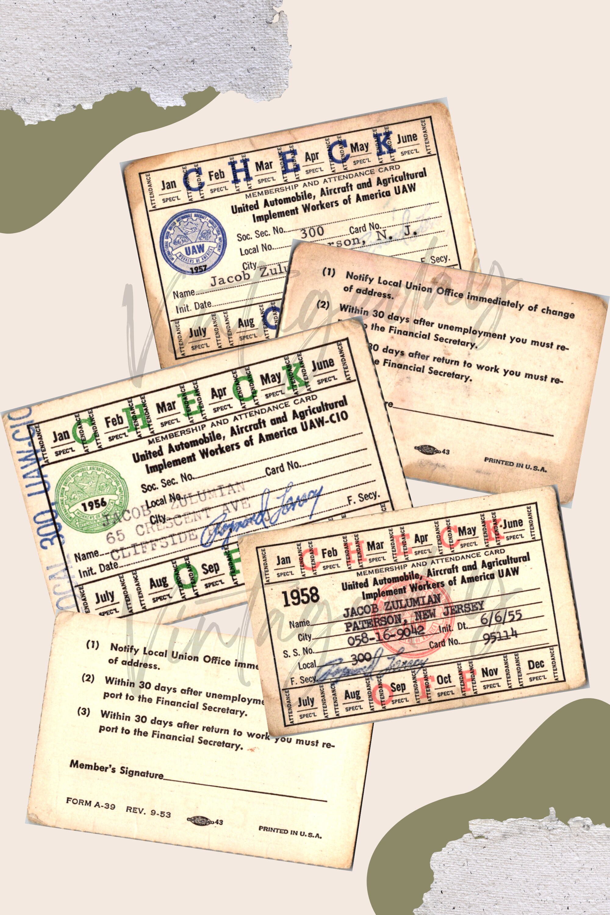 8 Vintage Union Cards 1954-1961 UAW Jewelry Union Membership Attendance ...