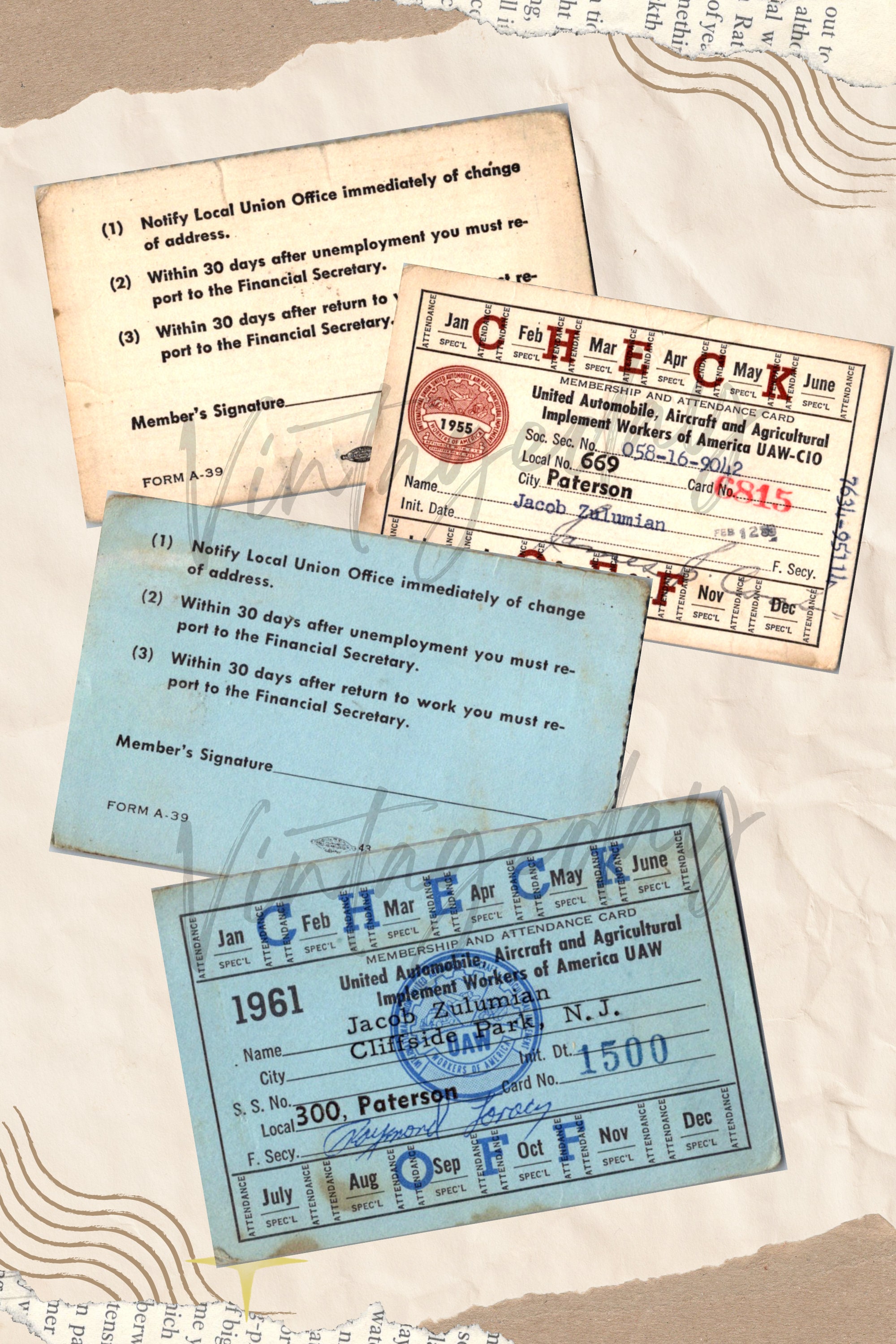 8 Vintage Union Cards 1954-1961 UAW Jewelry Union Membership Attendance ...