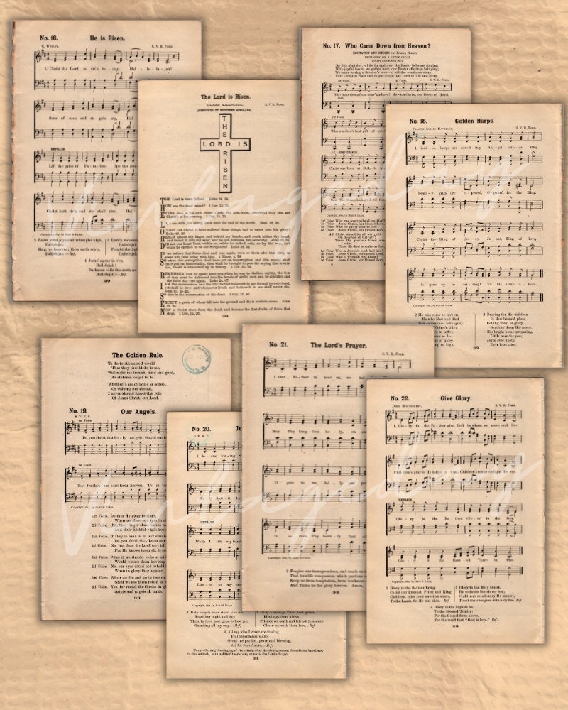 The Lord's Prayer He is Risen 7 Vintage Hymns Art 8 X 5.25 Page Junk ...