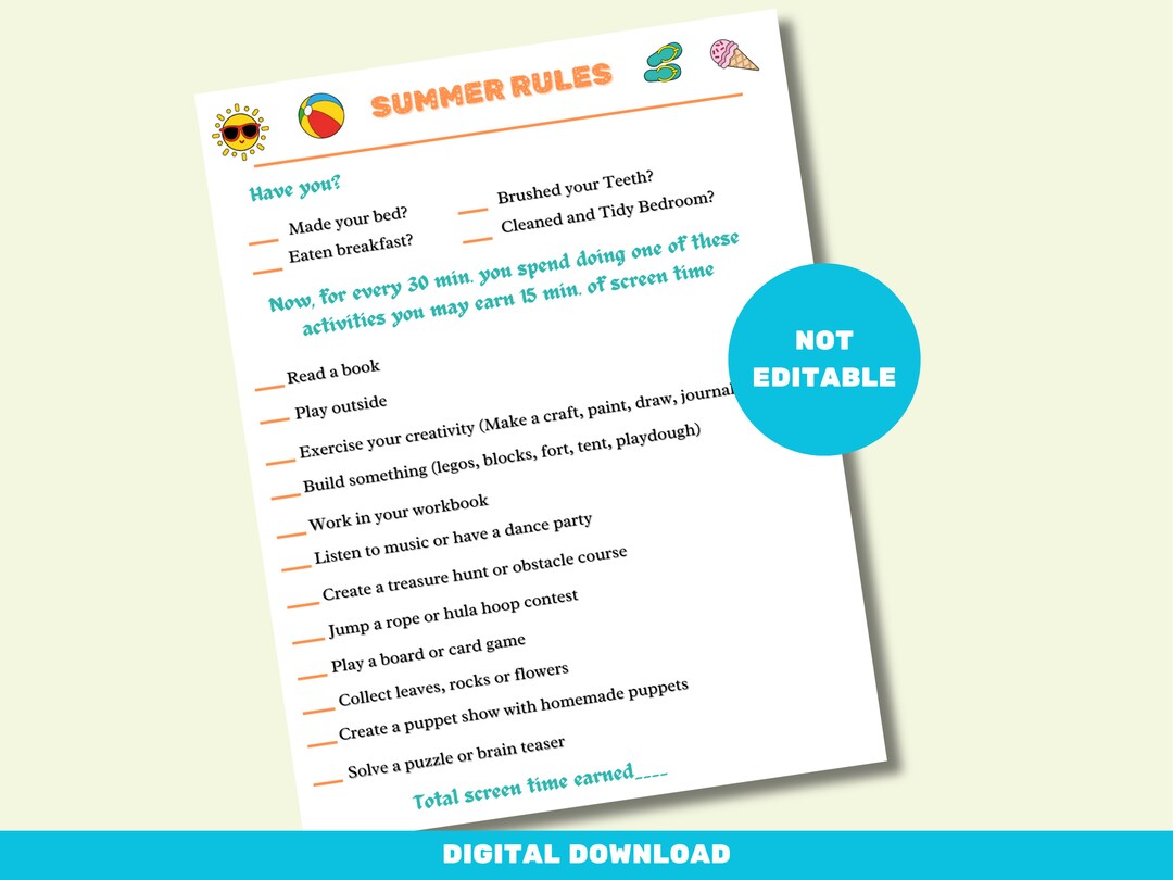 Summer Rules Printable, Screen Time Checklist, Summer Activities - Etsy