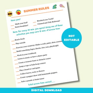 Summer Rules Printable, Screen Time Checklist, Summer Activities - Etsy