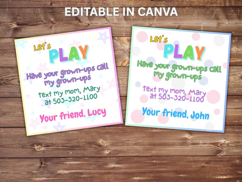 Editable Playdate Cards for Kids, Kids Business Cards, Keep in Touch ...