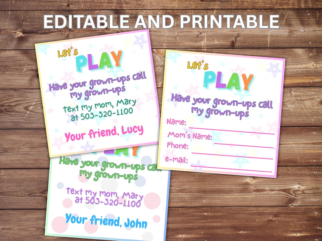 Editable Playdate Cards for Kids, Kids Business Cards, Keep in Touch ...