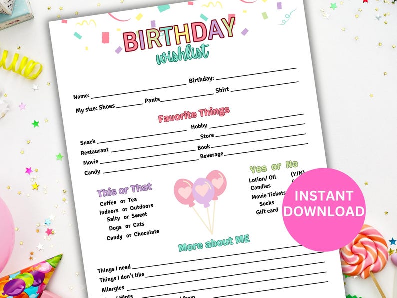 Printable Birthday Wishlist, Present List, Birthday List, Birthday ...