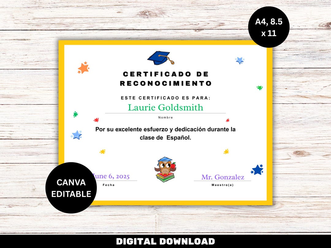 Editable Spanish Class Certificate, Certificate of Completion in ...