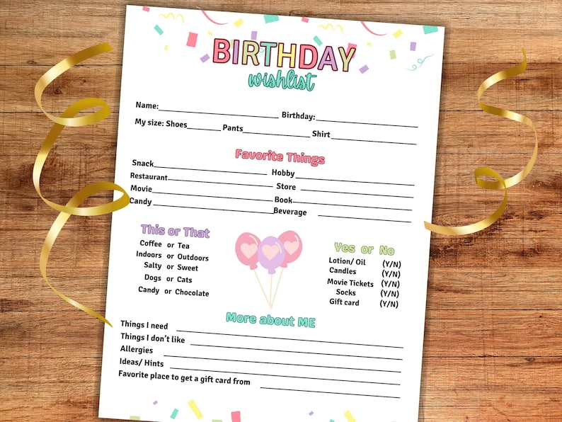 Printable Birthday Wishlist, Present List, Birthday List, Birthday ...