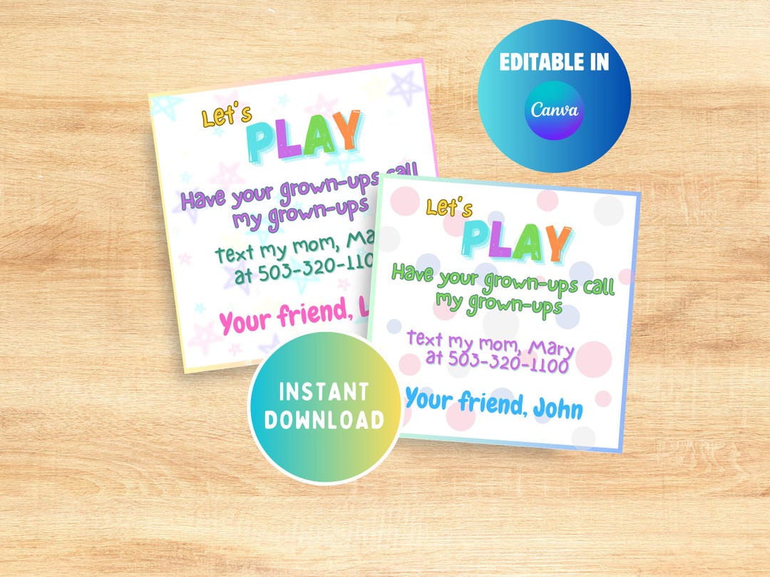 Editable Playdate Cards for Kids, Kids Business Cards, Keep in Touch ...