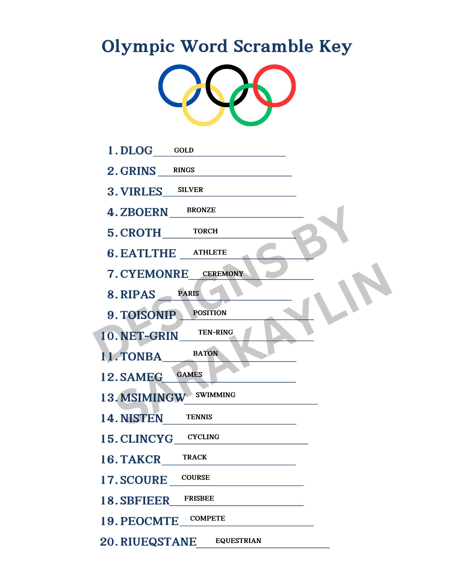 Olympic Word Scramble Game Printable Download for Office Birthday ...
