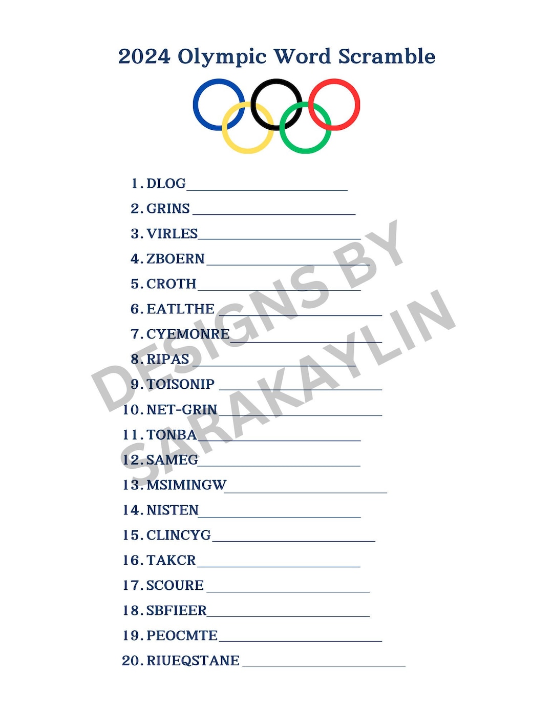 Olympic Word Scramble Game Printable Download for Office Birthday ...
