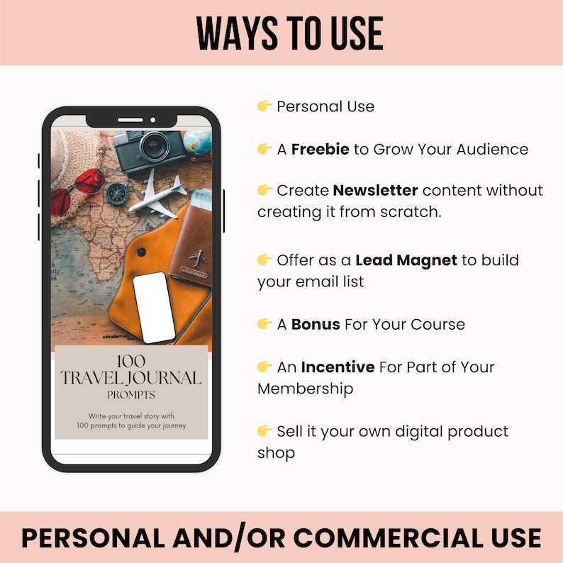 100 Travel Journal Prompts With PLR Resell Rights, Travel Blogger ...