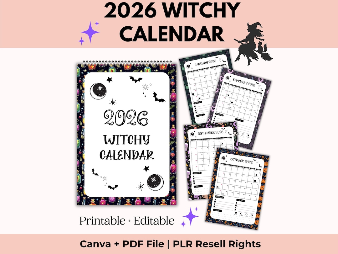 2026 Witchy Calendar, 2026 Printable Lunar Calendar, Wicca, Moon Phases ...