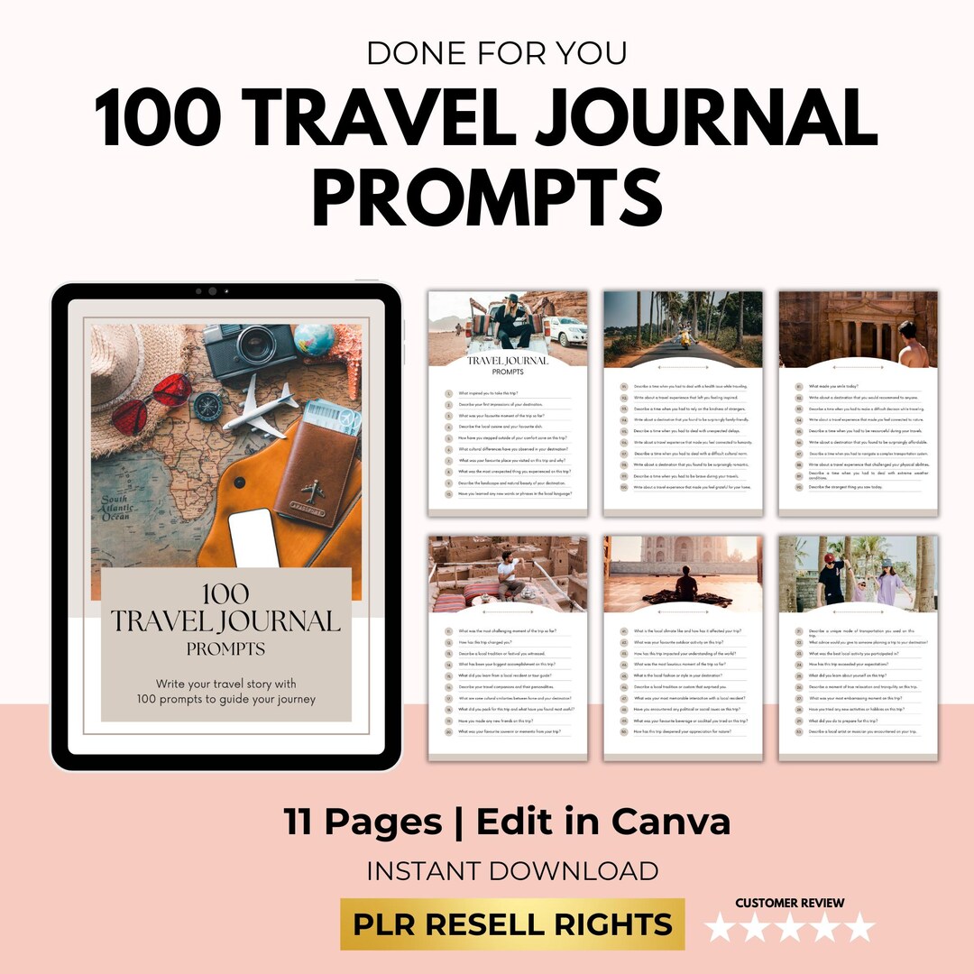 100 Travel Journal Prompts With PLR Resell Rights, Travel Blogger ...