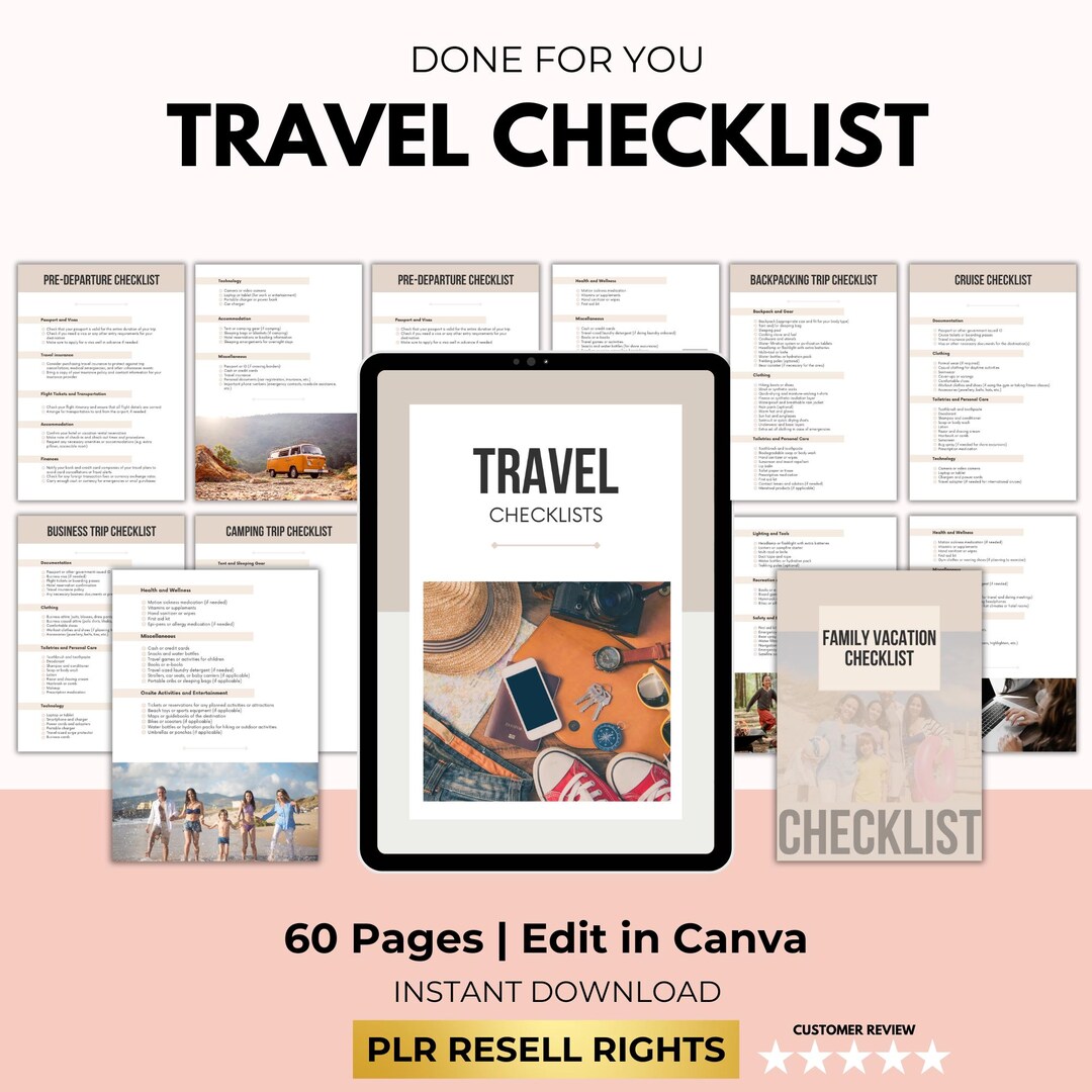 Travel Checklist Planner, 60-page Trip Organizer, Canva + PDF, PLR ...