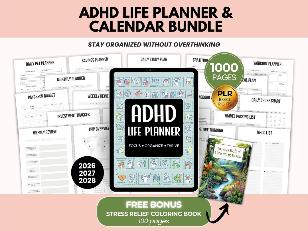 1000 Adhd Life Planner & Calendar Bundle Pdf, Adhd Planner Printable ...