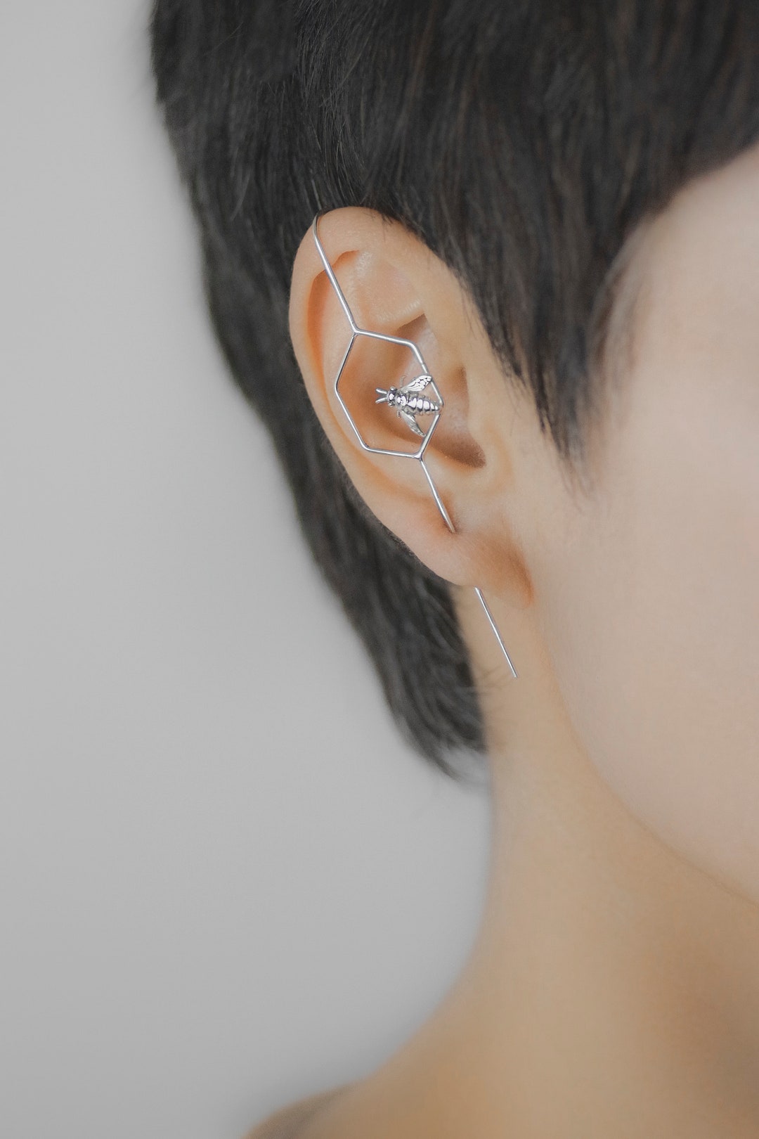 Bar Ear Cuff - Bee in Honeycomb - Sterling Silver Ear Cuff, Bee Ear Pin ...