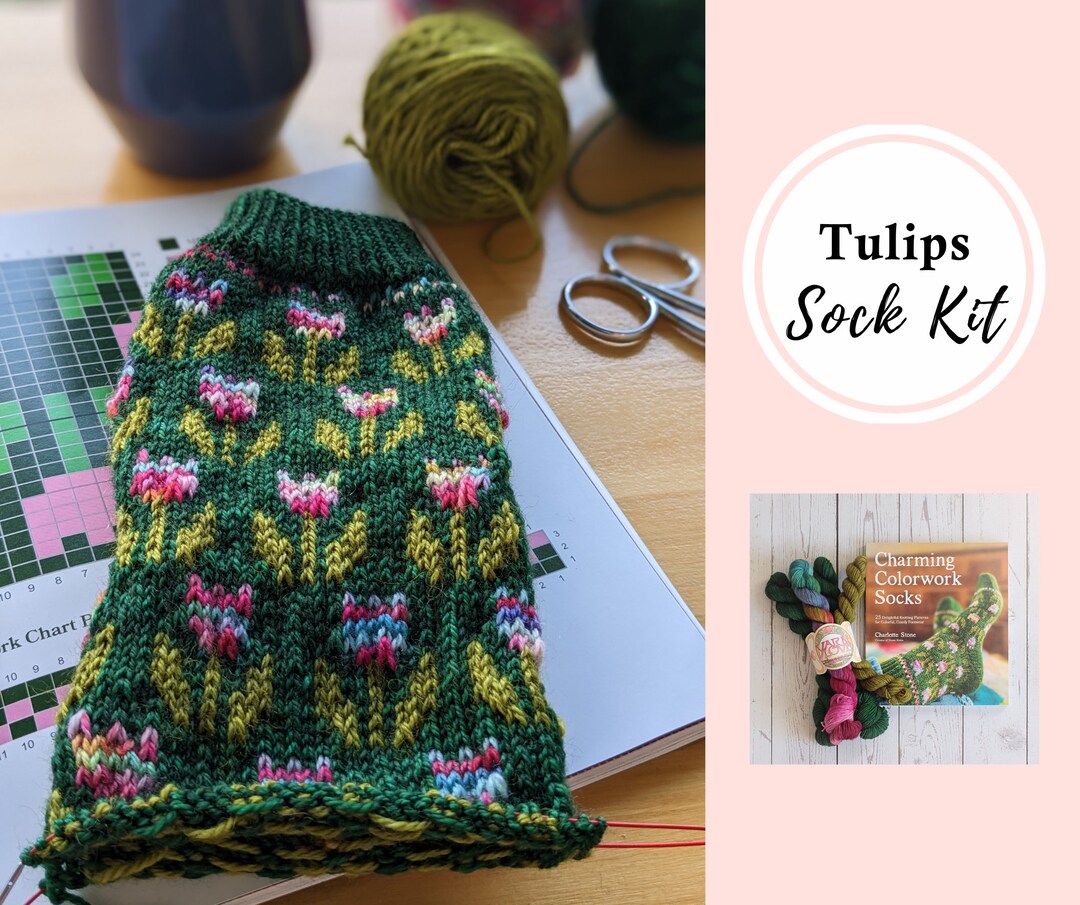 Tulip Flower Sock Yarn Kit for Knitting Merino Hand Dyed Mini Skein Set Spring Colorwork tiptoe ...
