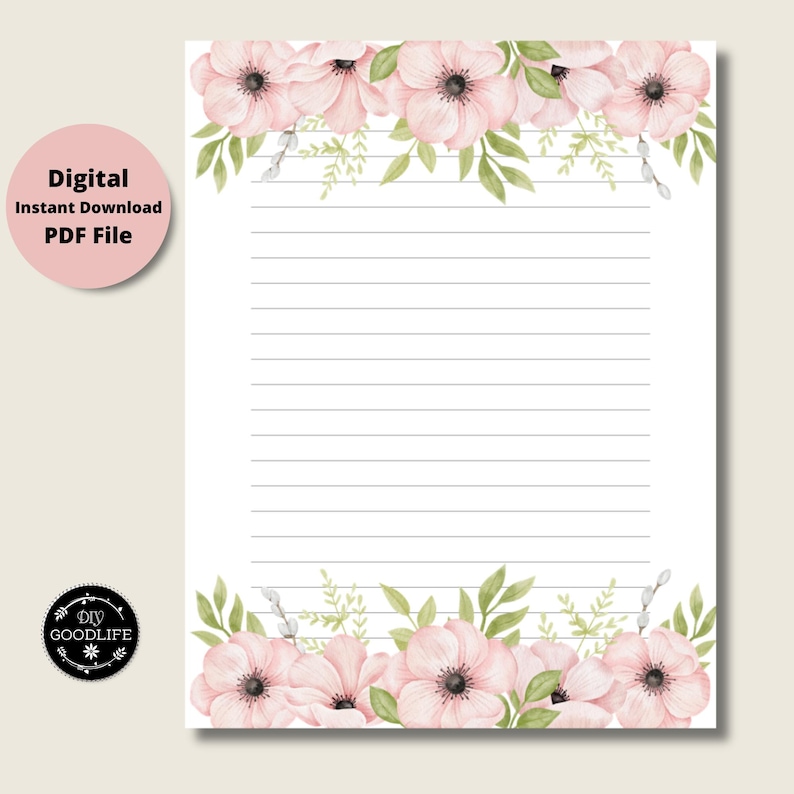 Pink Floral Stationery Set Lined Writing Paper Blank Border Journal ...