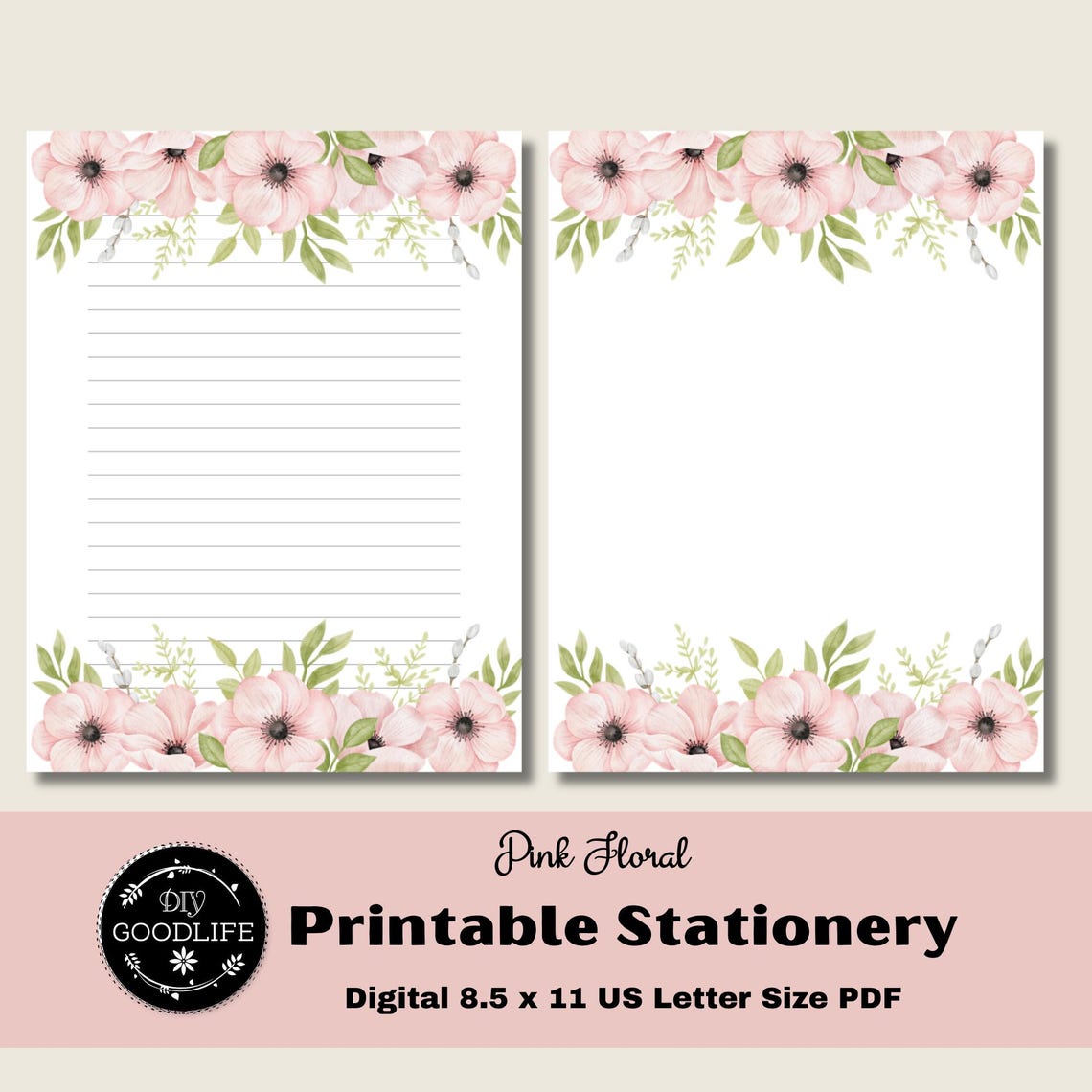Pink Floral Stationery Set Lined Writing Paper Blank Border Journal ...