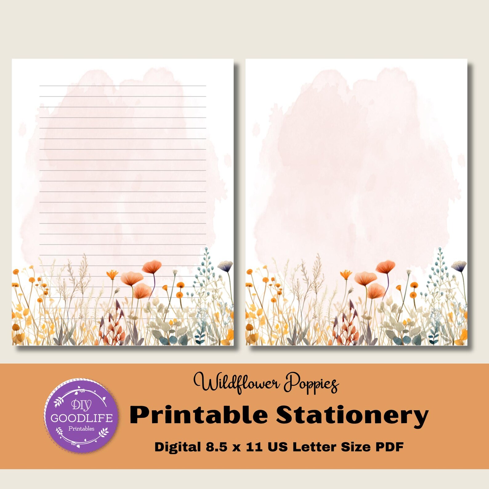 Wildflower Poppies Stationery Set Lined Writing Paper Blank Border ...