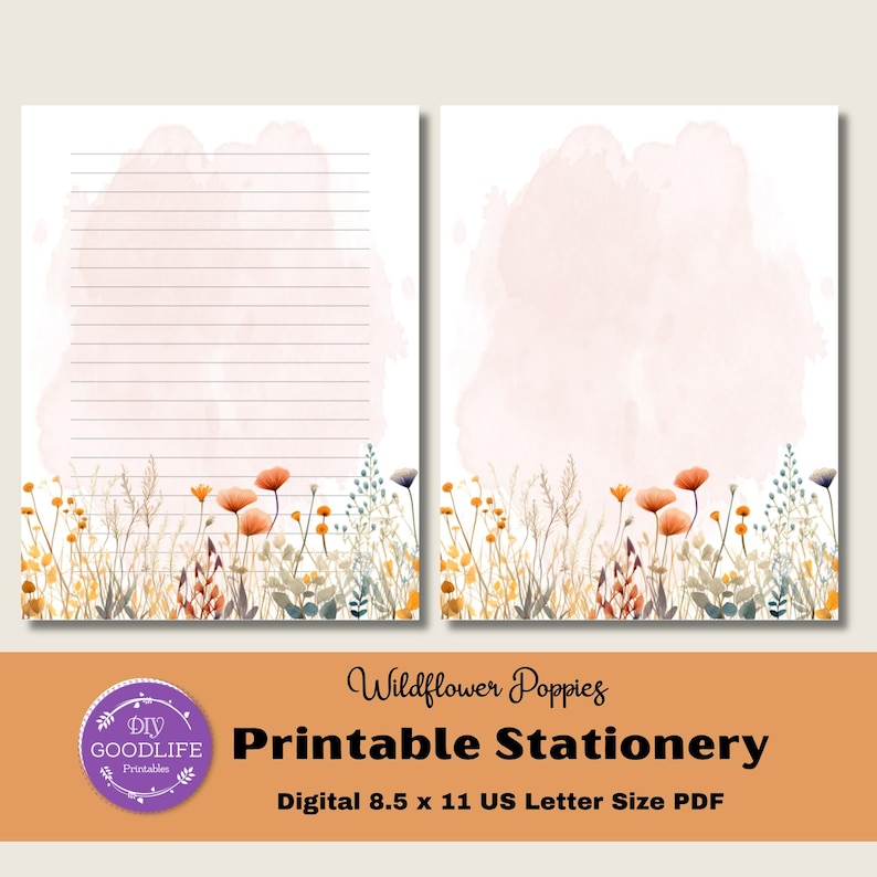 Wildflower Poppies Stationery Set Lined Writing Paper Blank Border ...