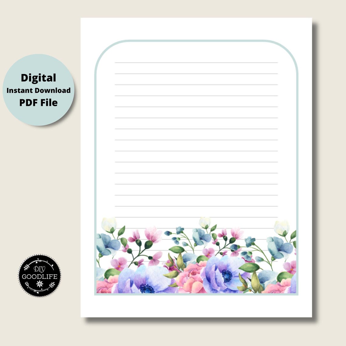 Pink & Blue Floral Stationery Set: Lined Journal Paper (digital ...
