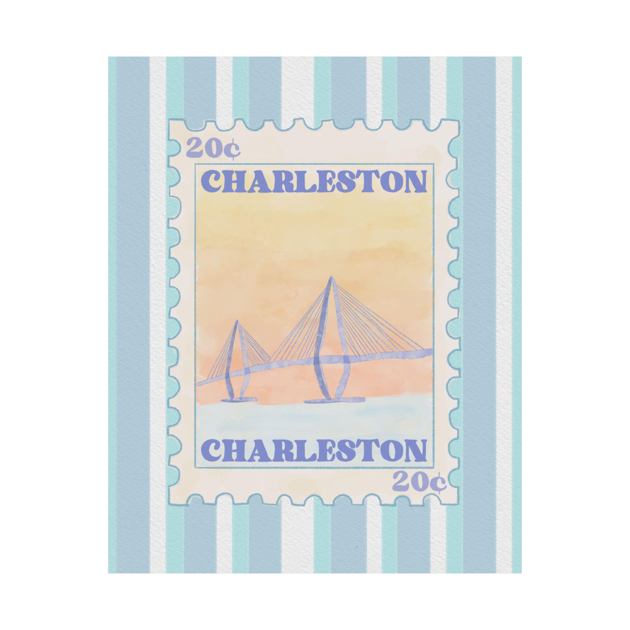 Blue Charleston Watercolor Stamp Poster Print Arthur Ravenel Jr Bridge ...