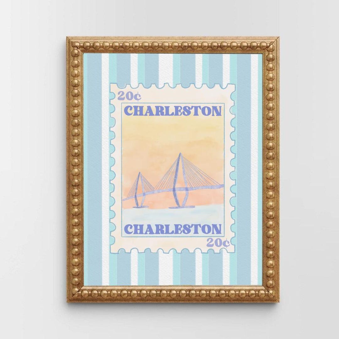 Blue Charleston Watercolor Stamp Poster Print Arthur Ravenel Jr Bridge ...