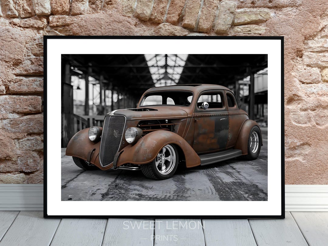 Rat Rod Sedan Print, 1937 Ford Wall Art, Vintage Car Poster, Rusted ...
