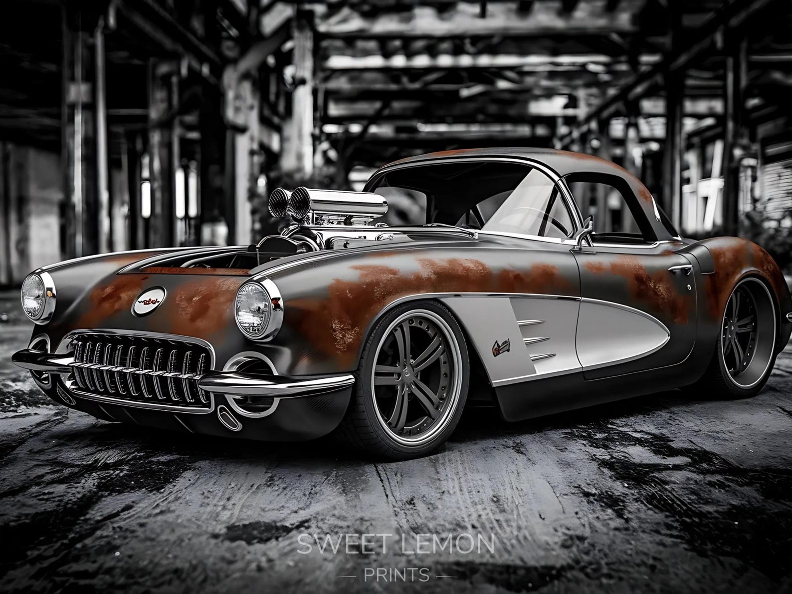 Rat Rod Corvette Art, 1957 Chevy Wall Print, Hot Rod Vintage Poster ...