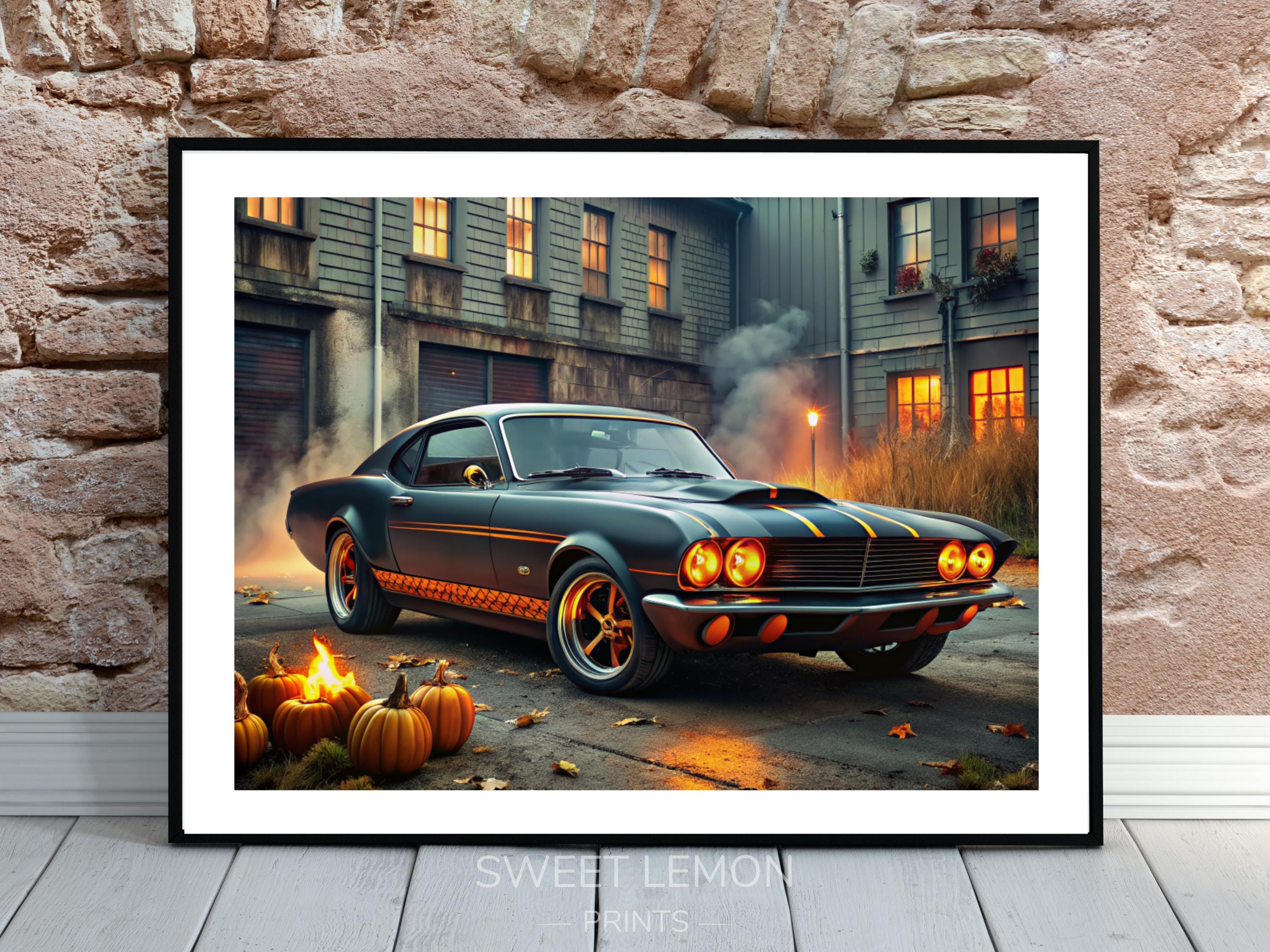 Retro Hot Rod Poster, 1965 Ford Mustang Print, Halloween Wall Art, Dusk ...