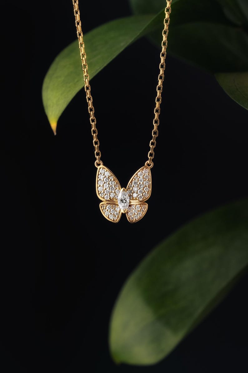14k Gold Butterfly Necklace, Lab-grown Diamond Pendant - Etsy