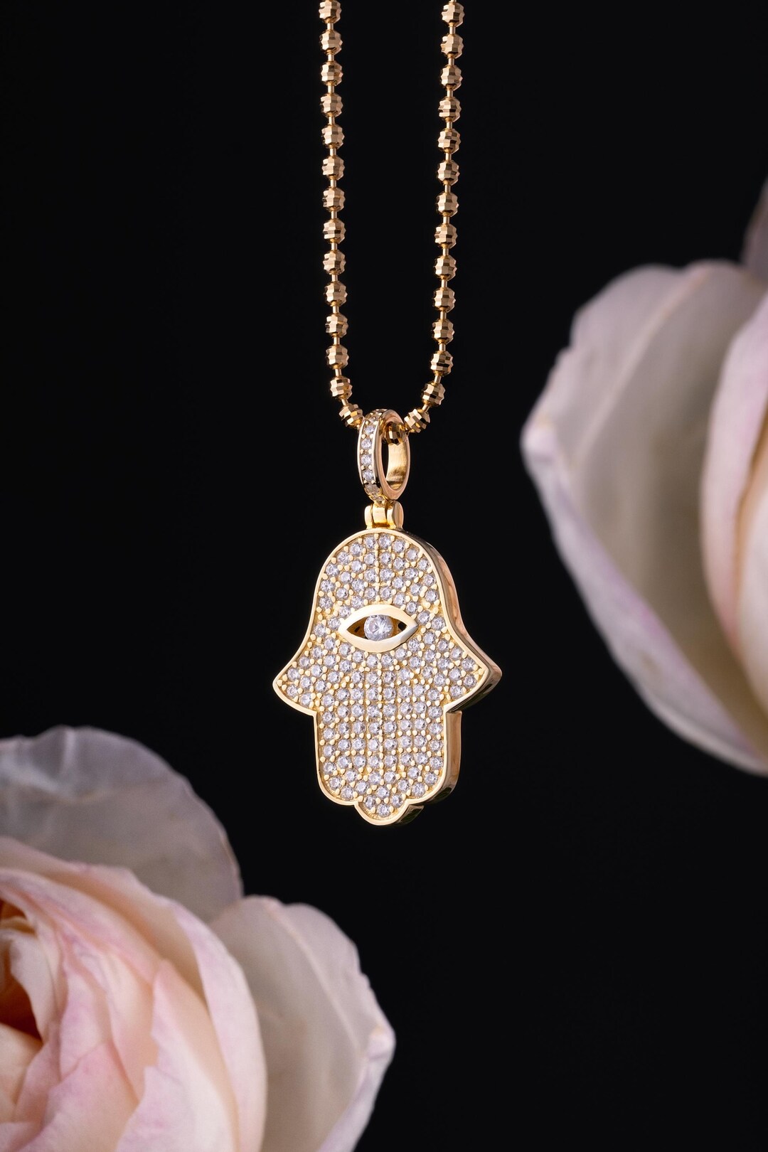 14k Gold Hamsa Necklace: Lab-grown Diamond Hand of Fatima Pendant - Etsy
