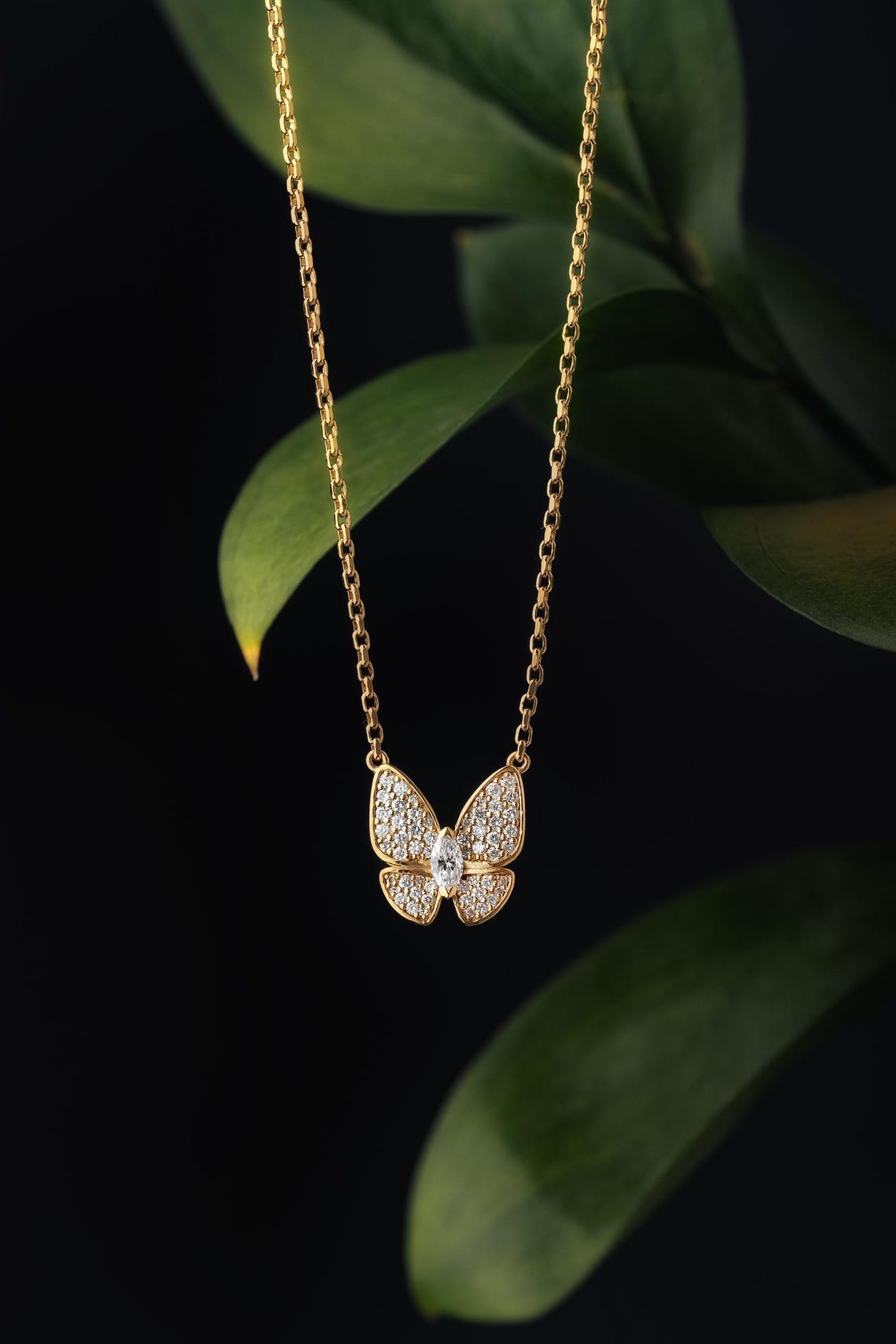 14k Gold Butterfly Necklace, Lab-grown Diamond Pendant - Etsy