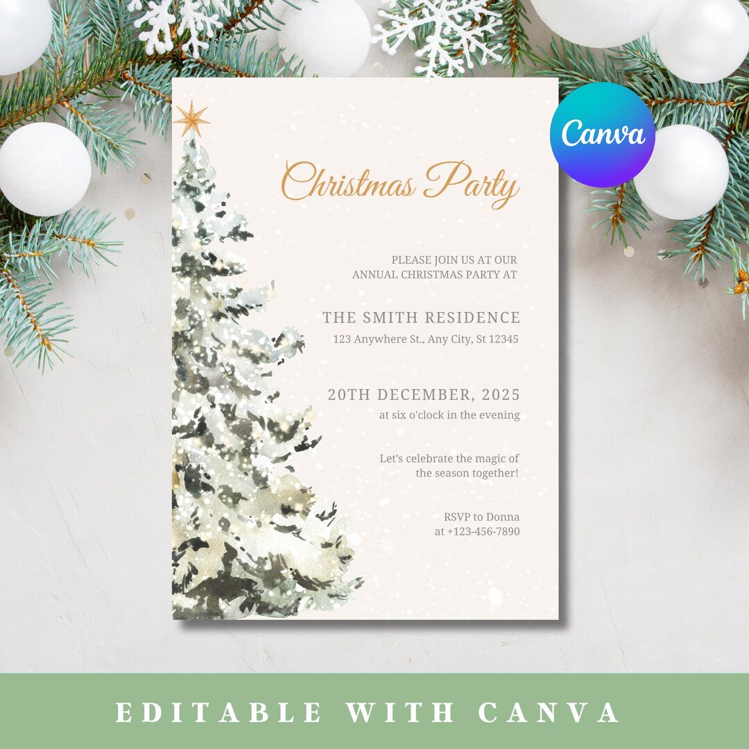 Watercolor Christmas Tree Party Invitation Template (digital Download ...