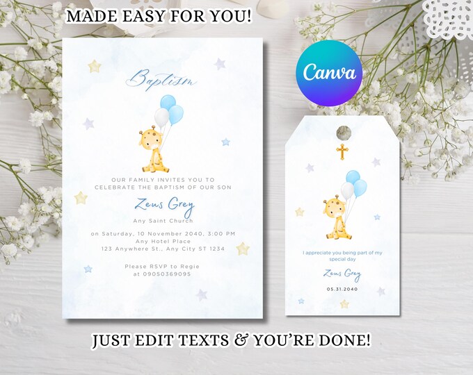 Baby Boy Baptism Template, Baptism Invitation, Cute Giraffe, Baby ...