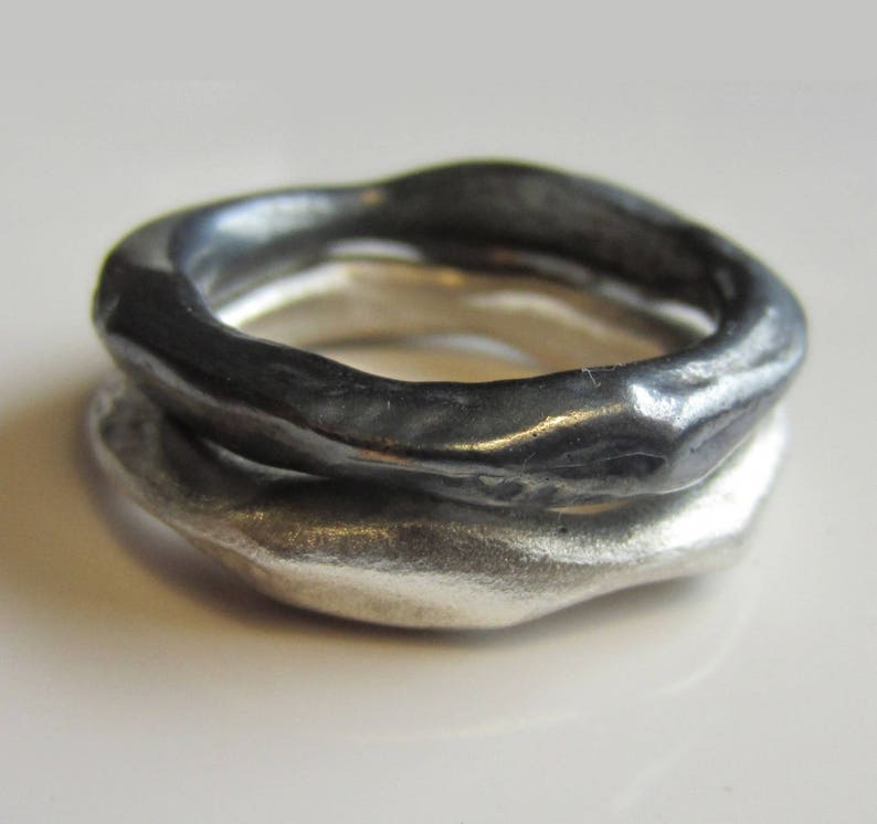 Set of Two Organic Sterling Silver Rings, One Silver and One Dark Grey ...