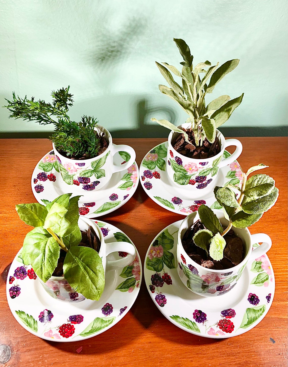 White Teacup Planter Set of 4 With Blackberry and Flower Pattern PLANTS ...
