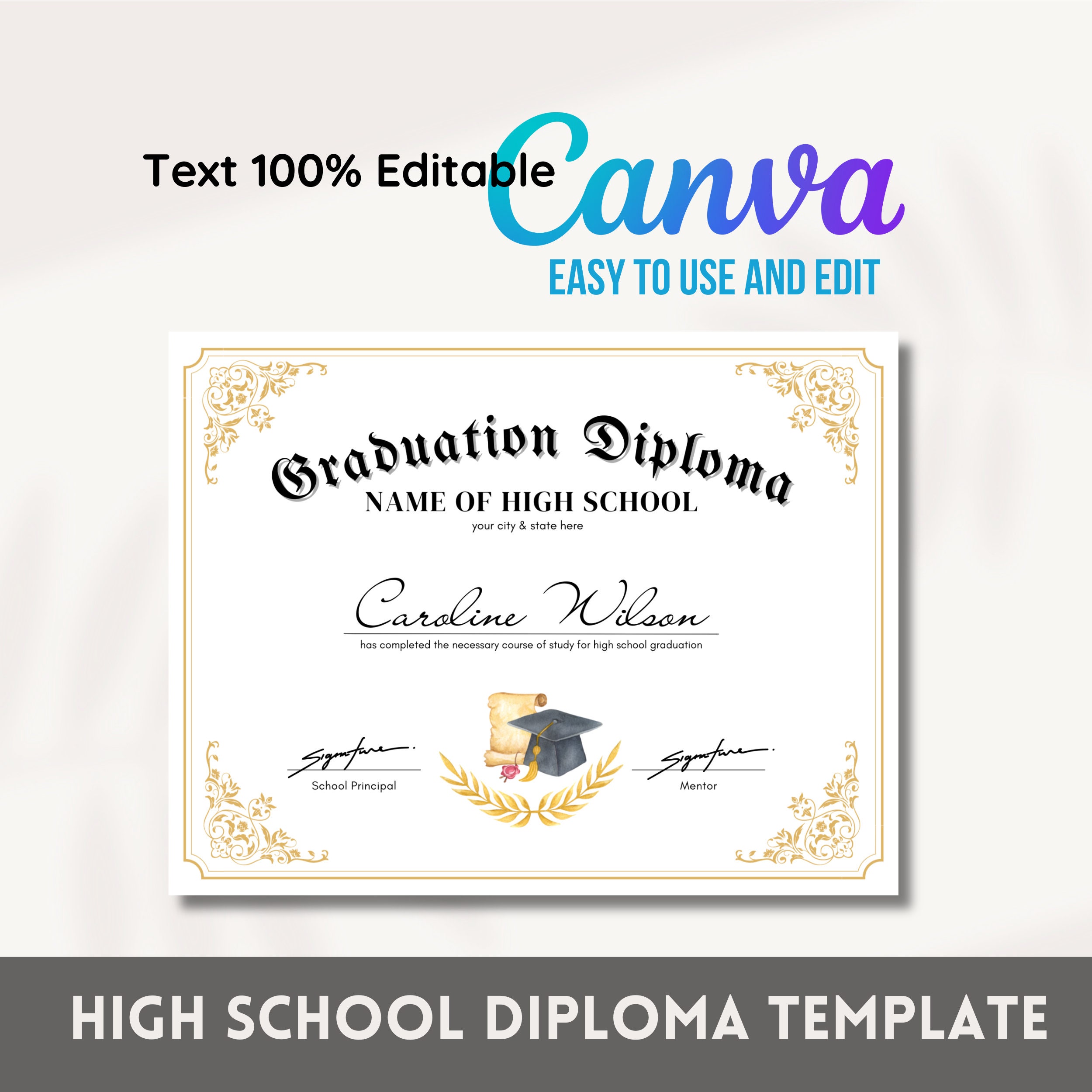 High School Diploma, Editable Template Canva, Printable Certificate ...