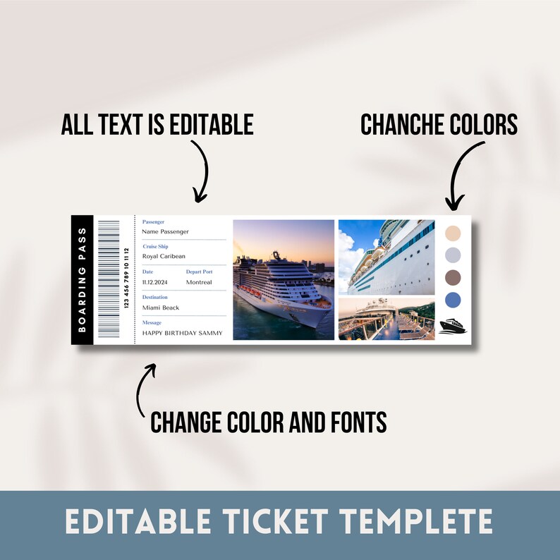 Cruise Ticket Template, Editable Boarding Pass, Ticket Template Gift ...