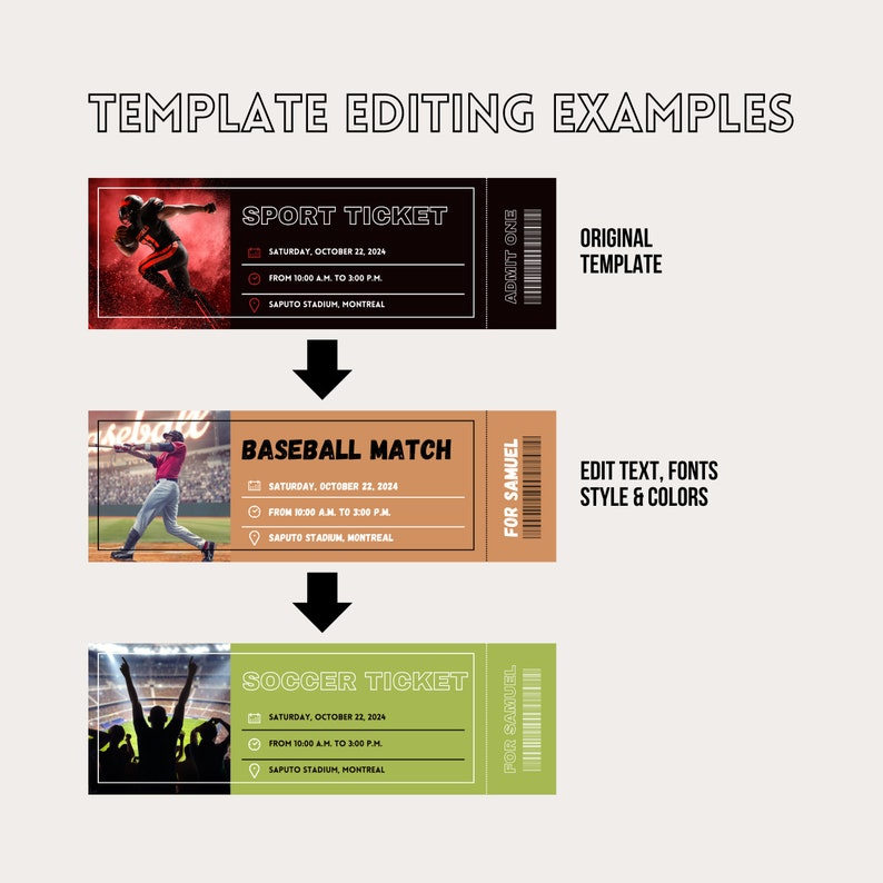 Editable Sport Ticket Template, Custom Soccer Ticket Gift, Custom Sport ...