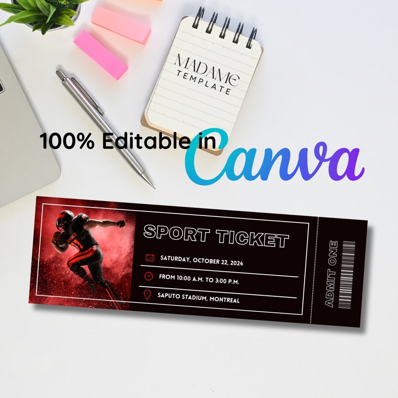 Editable Sport Ticket Template, Custom Soccer Ticket Gift, Custom Sport ...
