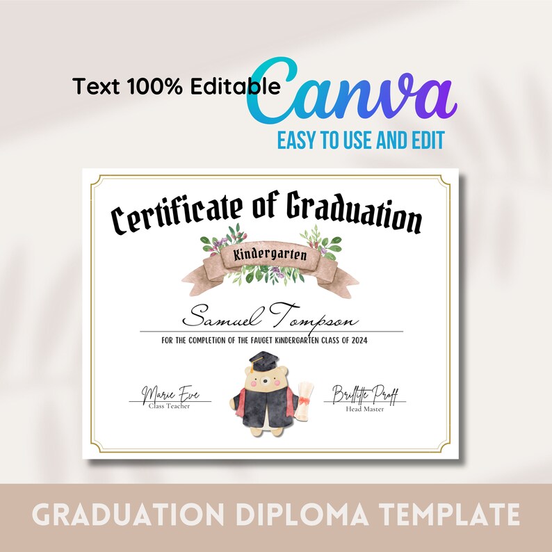 Kindergarten Graduation Diploma, Class of 2024, Editable Template ...